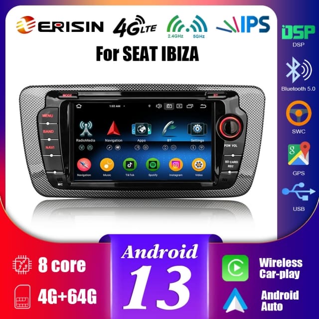 Rádio Android 13 7" Octa-Core MTK8667 4GB 64GB Seat Ibiza 2009-2013 - Ignition Vortex