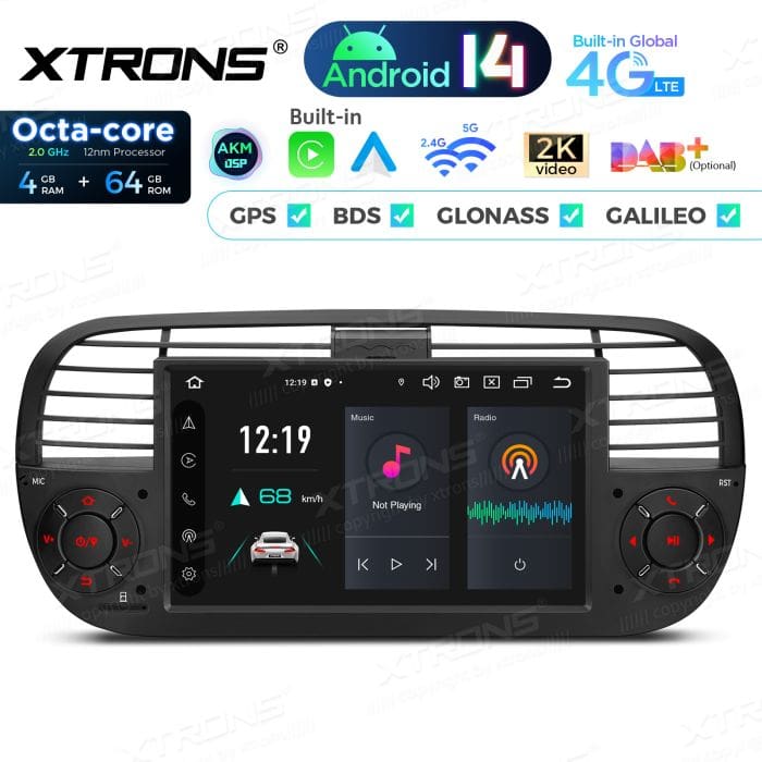 Rádio Xtrons Android 14 7" Octa-Core 4GB 64GB Fiat 500 (2007-2015) (preto) - Ignition Vortex